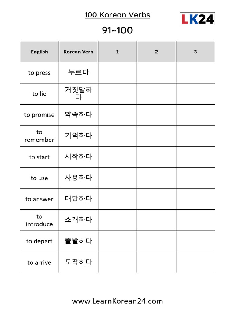 Korean Verbs List Worksheet 91 100 | PDF