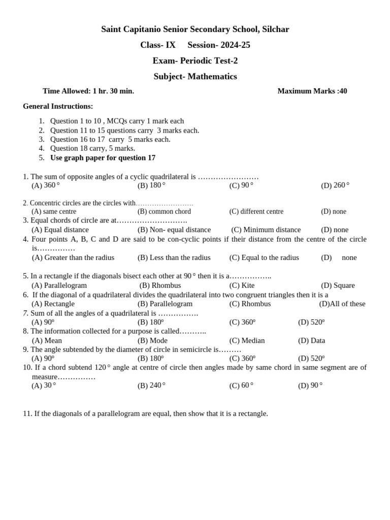 Class IX Mathematics Periodic Test 2024 | PDF | Rectangle | Circle