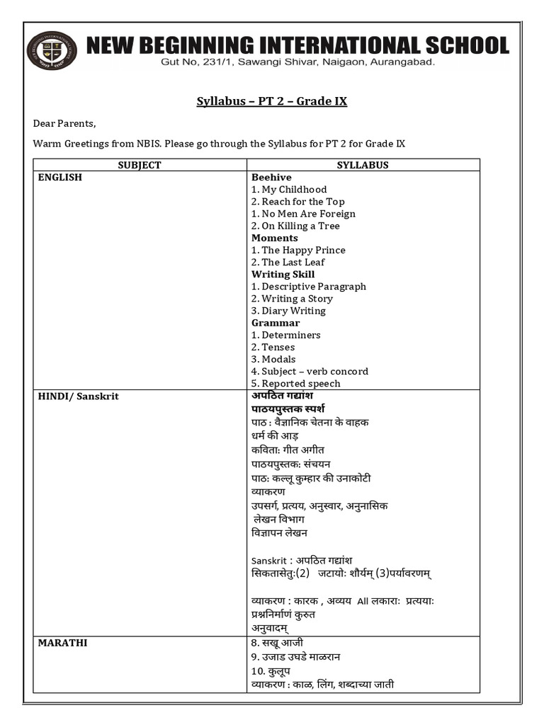 Grade 9 - PT 2 - Syllabus and Time Table | PDF