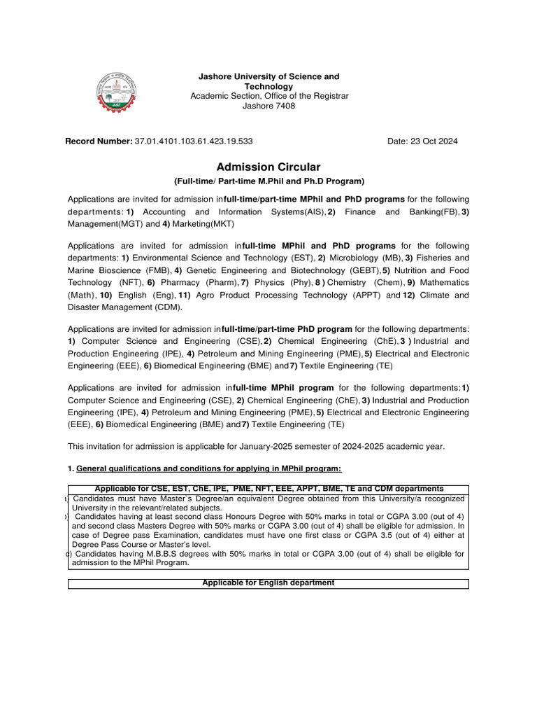 Admission Circular (Mphil and PHD Program), January 2024 Semester | PDF | Academic Degree ...