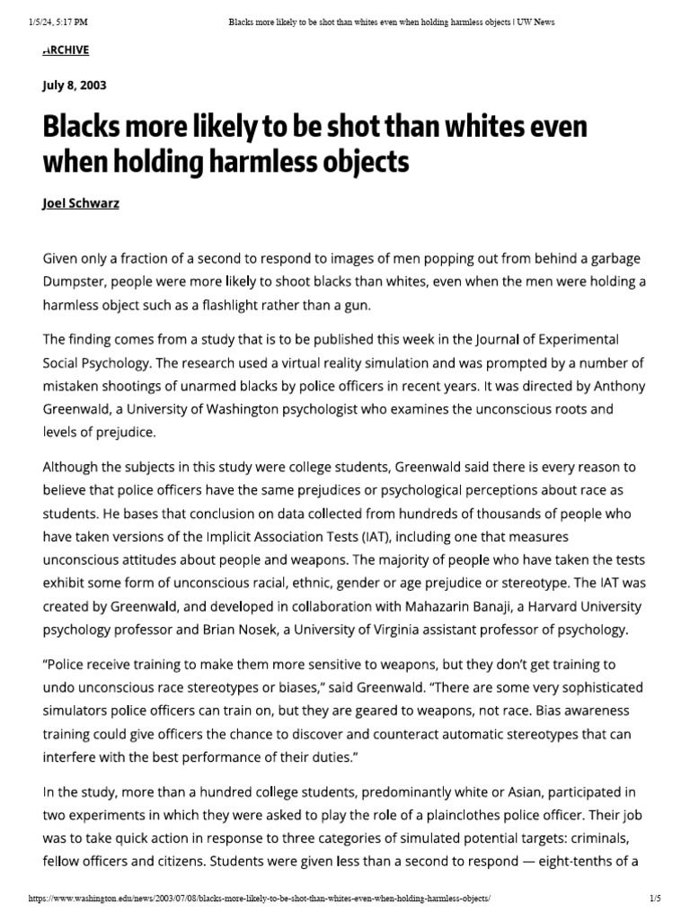 Blacks More Likely To Be Shot Than Whites Even When Holding Harmless ...