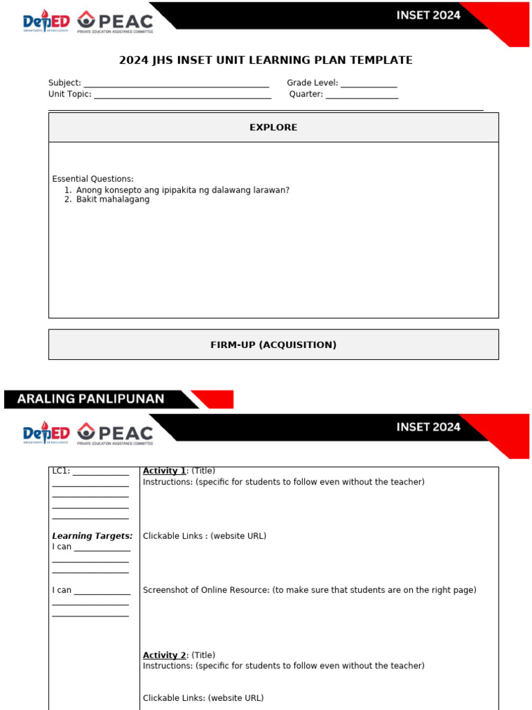 2024 Jhs Inset Unit Learning Plan Template: Explore | PDF