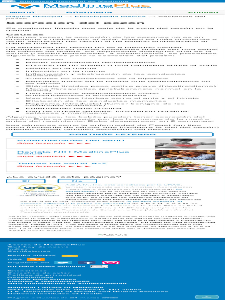 Secreción Del Pezón MedlinePlus Enciclopedia Médica | PDF | Pecho | Cáncer
