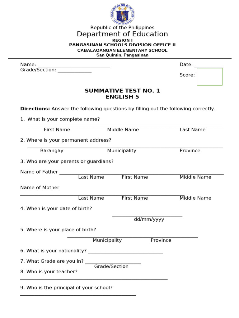 Department of Education: Summative Test No. 1 English 5 | PDF