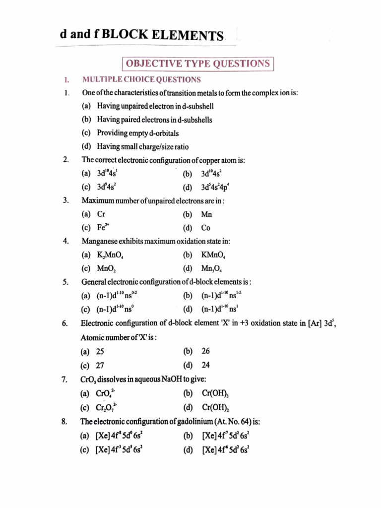 D and F Block Elements Obj | PDF | Transition Metals | Electron Configuration