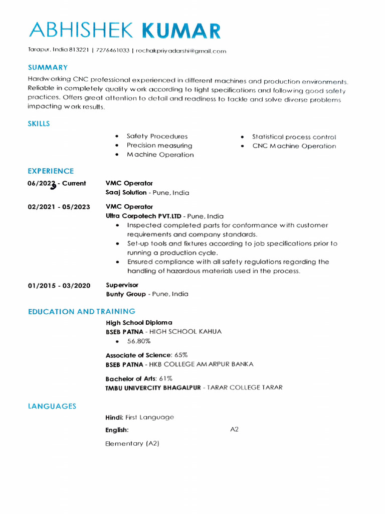 CNC Professional Abhishek Kumar Resume | PDF