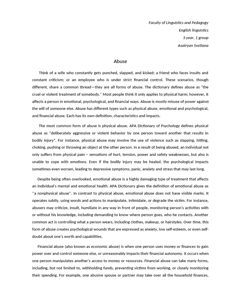 Definition Essay | PDF | Psychological Abuse | Psychology