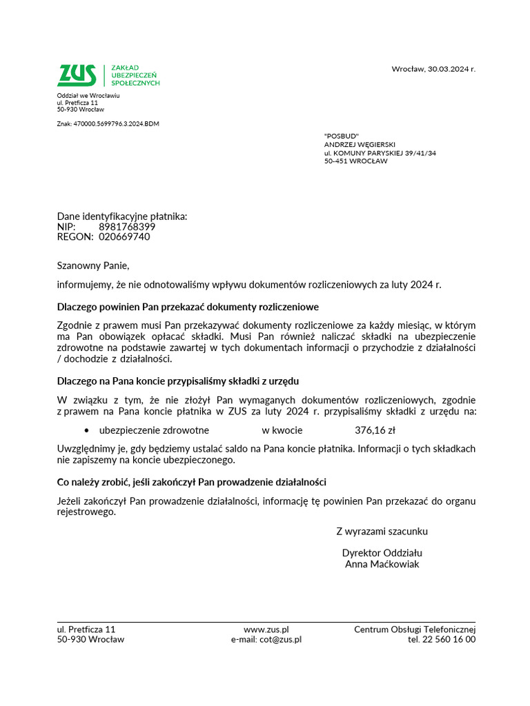 Zalacznik - Zawiadomienie o Braku Deklaracji Miesi Öcznej | PDF