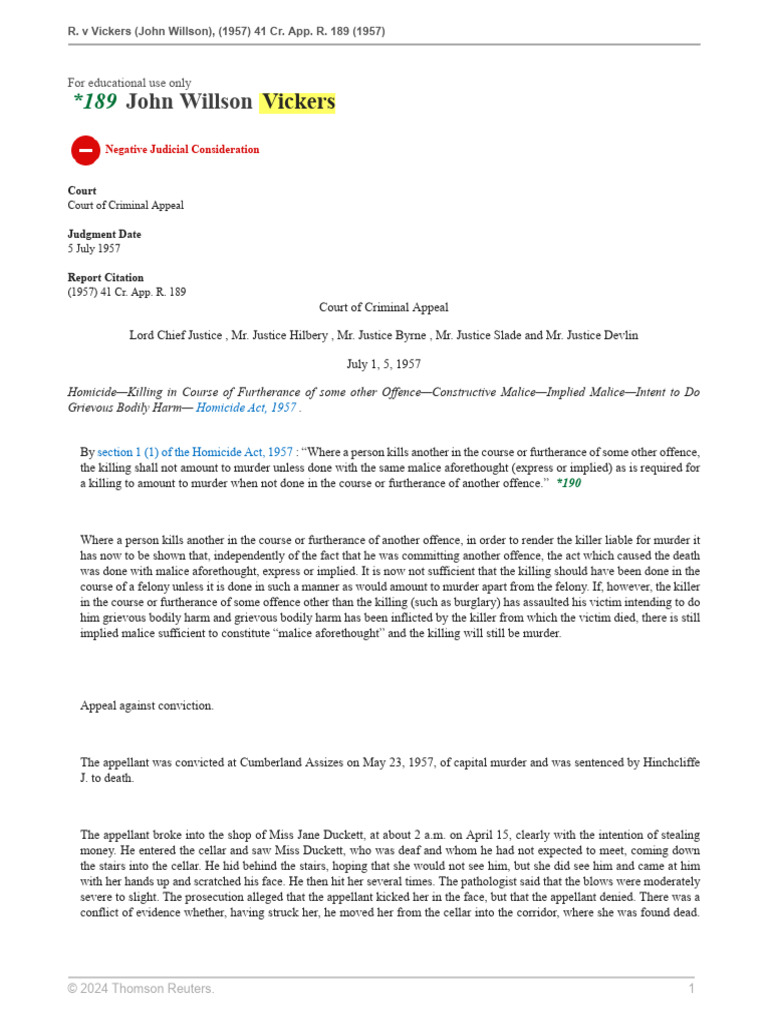 R V Vickers (John Willson) | PDF | Murder | Malice Aforethought