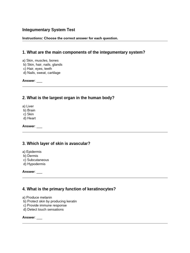Integumentary System Test Answers | PDF | Skin | Integumentary System