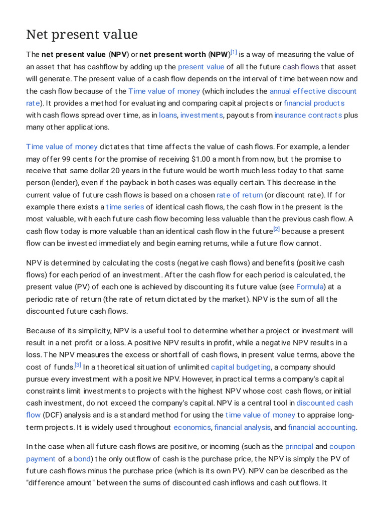 Net Present Value - Wikipedia | PDF | Net Present Value | Discounting