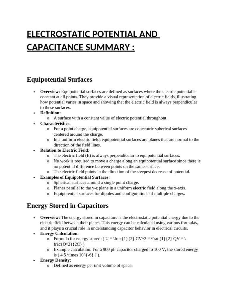 ELECTROSTATIC POTENTIAL AND CAPACITANCE SUMMARY | PDF | Electric Field ...