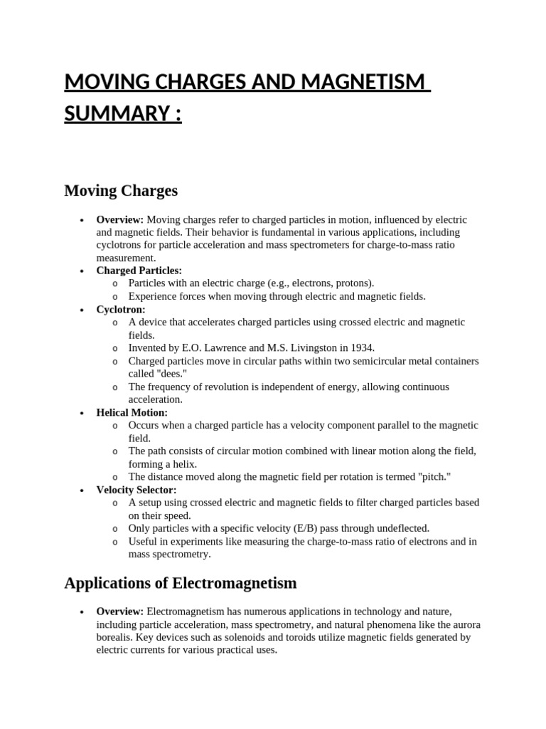 Moving Charges and Magnetism Summary | PDF | Magnetic Field | Magnetism