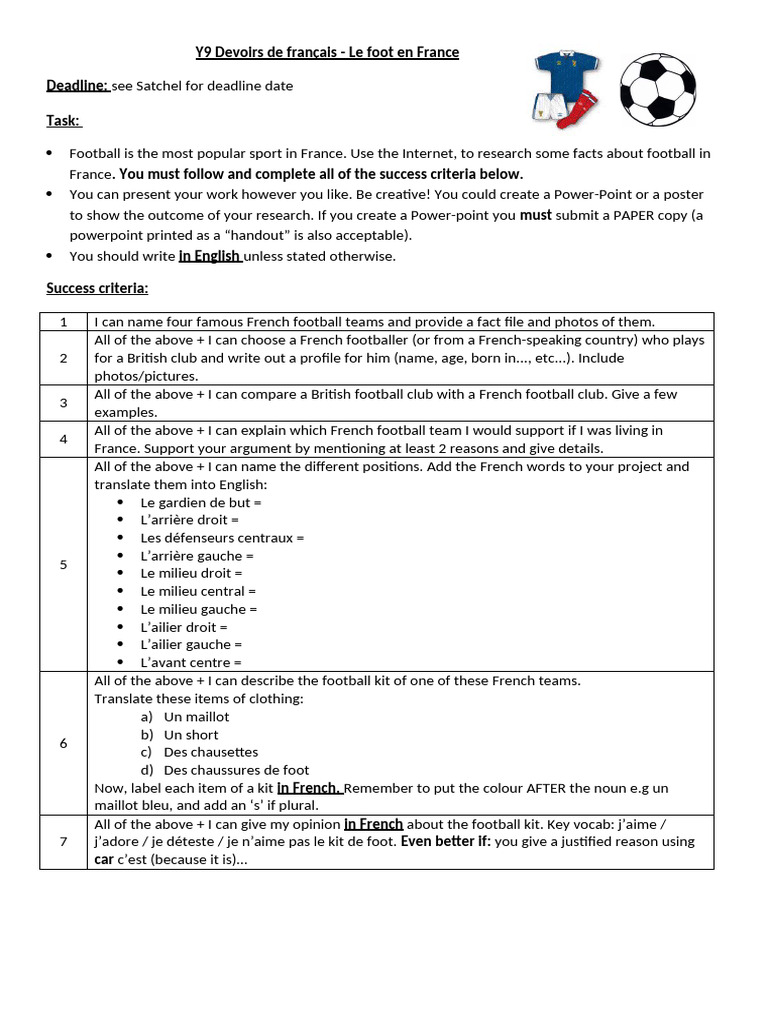 Y9 Le foot en France project homework | PDF | Languages | Foreign ...