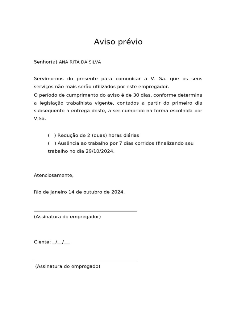 Modelo Aviso Previo Empregador | PDF