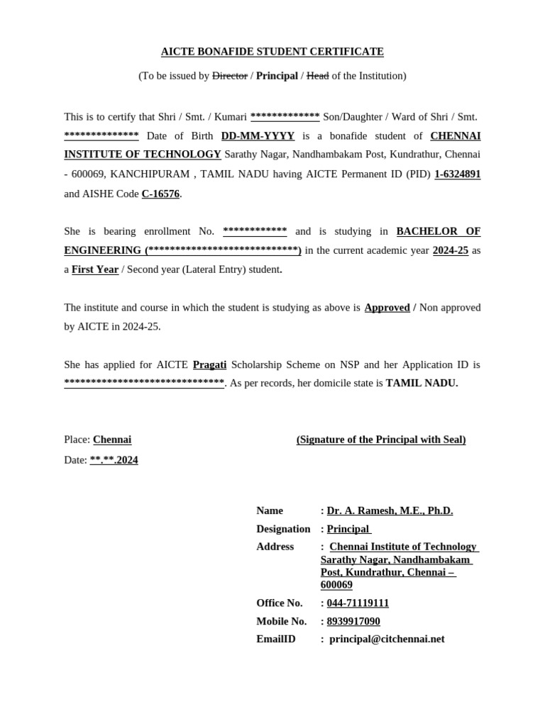 AICTE Bonafide Format For 2024 | PDF