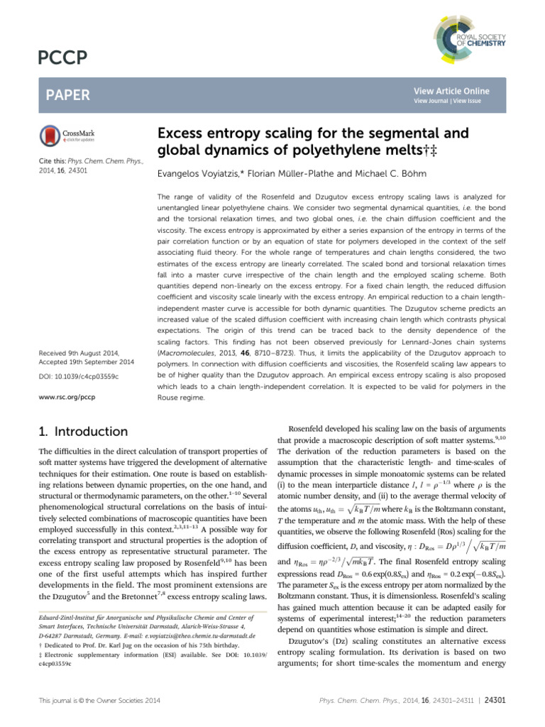 Excess Entropy Scaling For The Segmental | PDF | Entropy | Viscosity