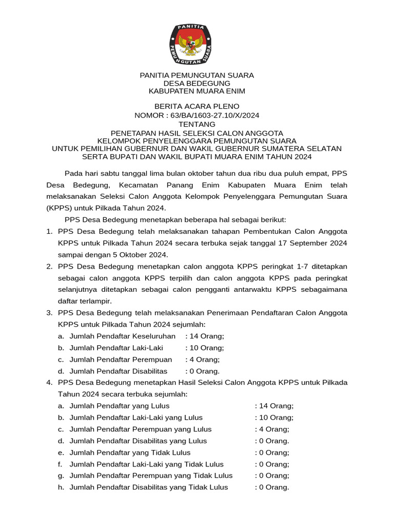 0 Berita Acara PPS Penetapan Hasil Seleksi KPPS | PDF