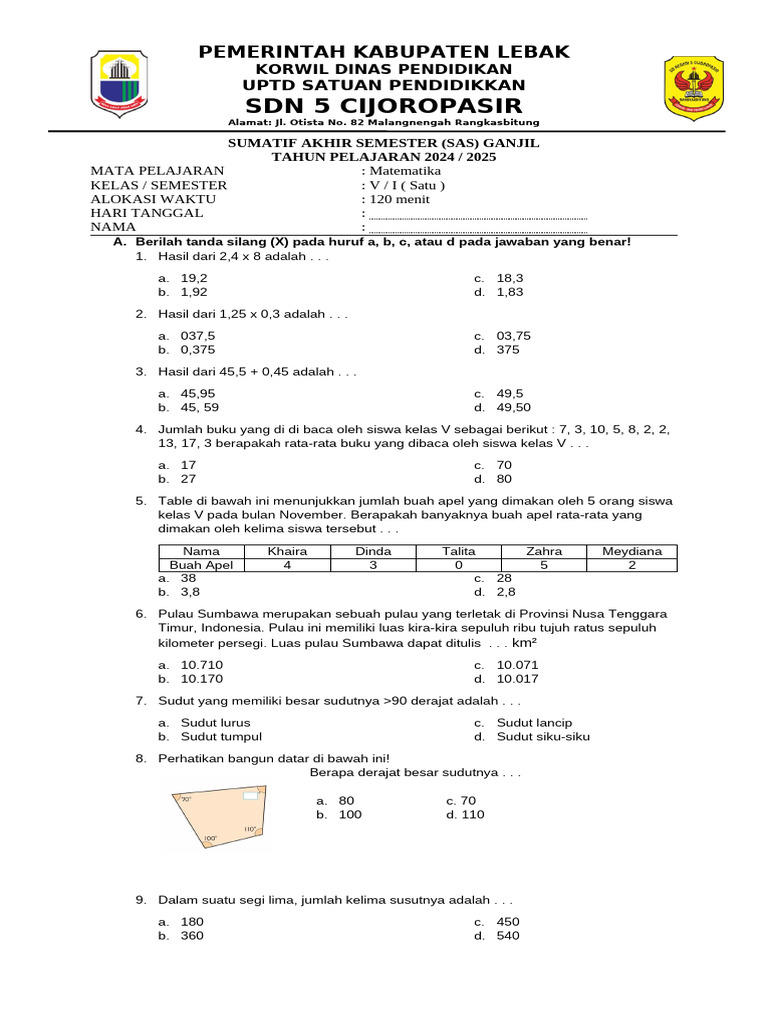 SUMATIF MTK KELAS 5 SEMESTER 1 | PDF