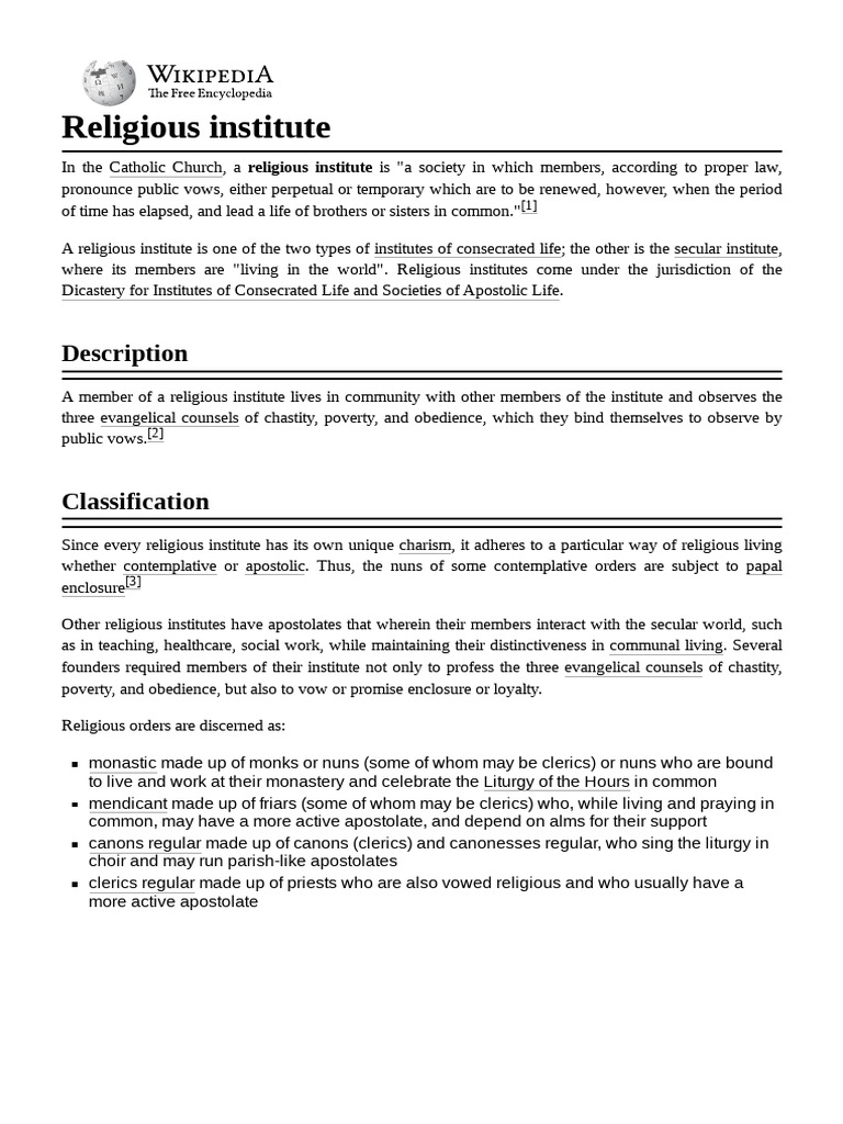 Catholic Religious Institutes Guide | PDF | Christian Monasticism | Nun