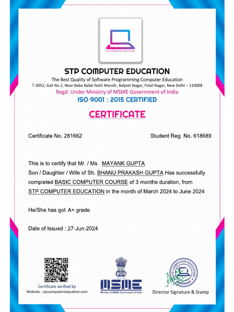 Mayank Com New Certificate | PDF