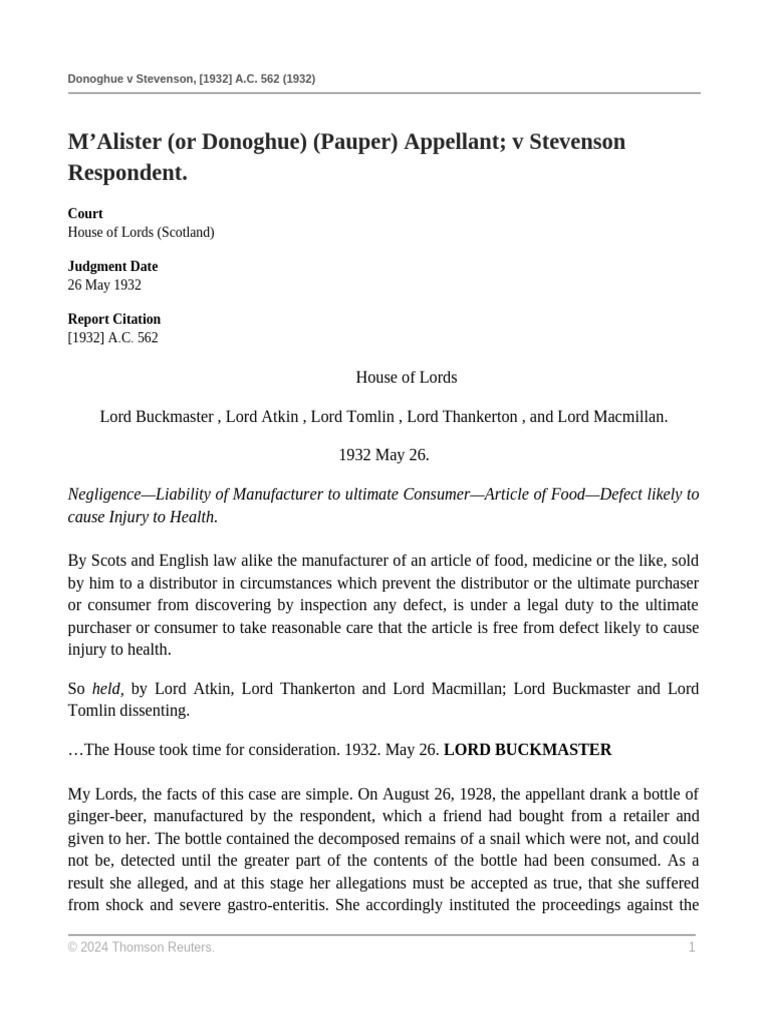 Donoghue v Stevenson: Negligence Case Summary | PDF | Negligence | Duty Of Care