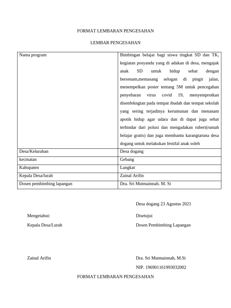 FORMAT LEMBARAN PENGESAHAN | PDF