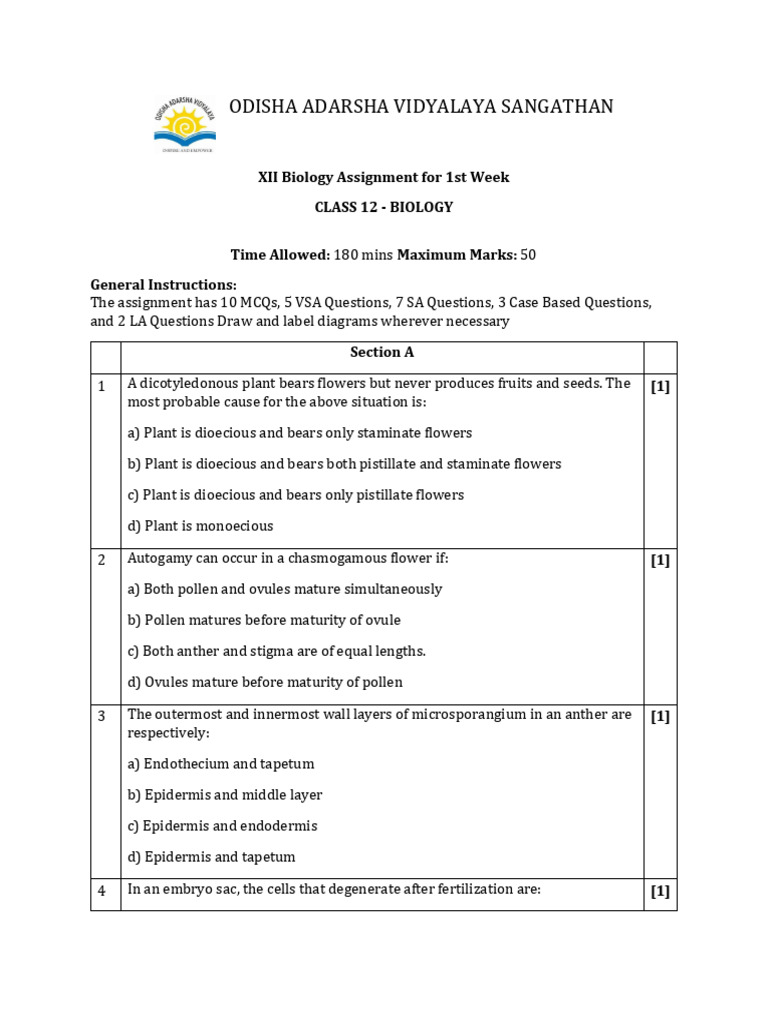 Class XII - Biology Assignment Week 1 | PDF | Flowers | Branches Of Botany
