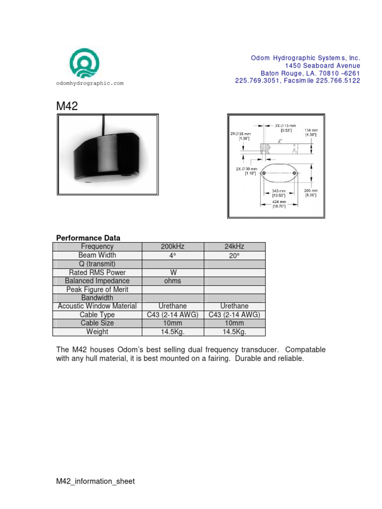 Teledyne Odom M42 Transducer Data Sheet | PDF