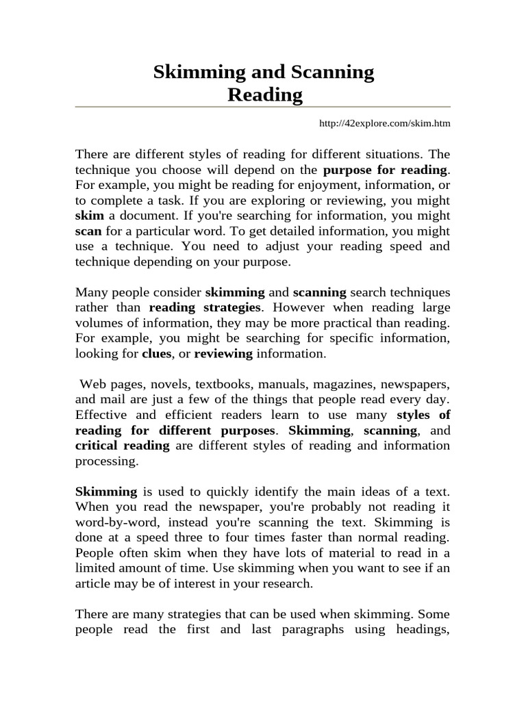 Reading Skimming and Scanning Techniques | PDF | Speed Reading ...