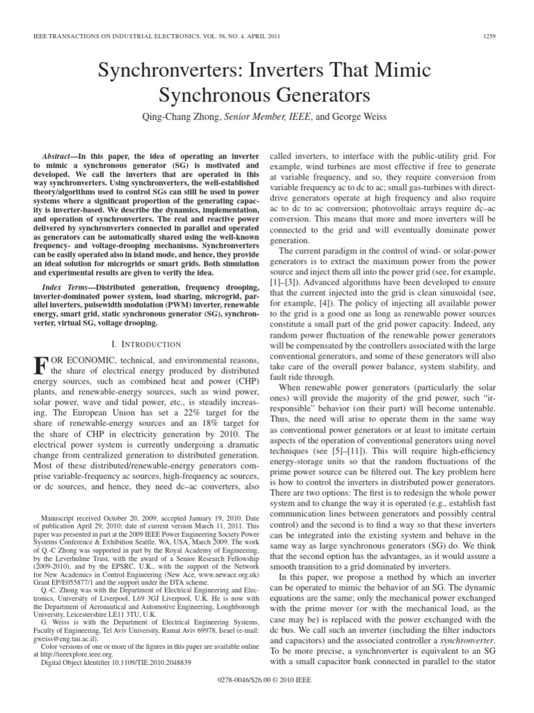 Synchronverters, Inverters That Mimic SGs | PDF | Electric Motor | Power Inverter