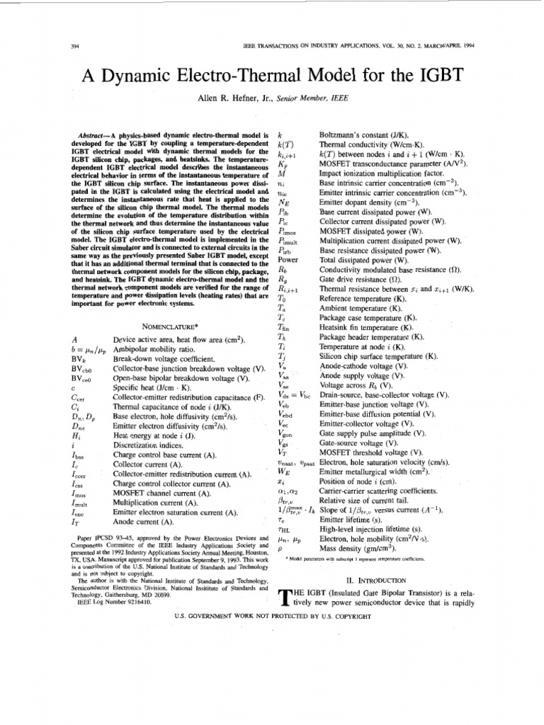 A Dynamic Electro-Thermal Model For The IGBT | PDF | Capacitor | Mosfet