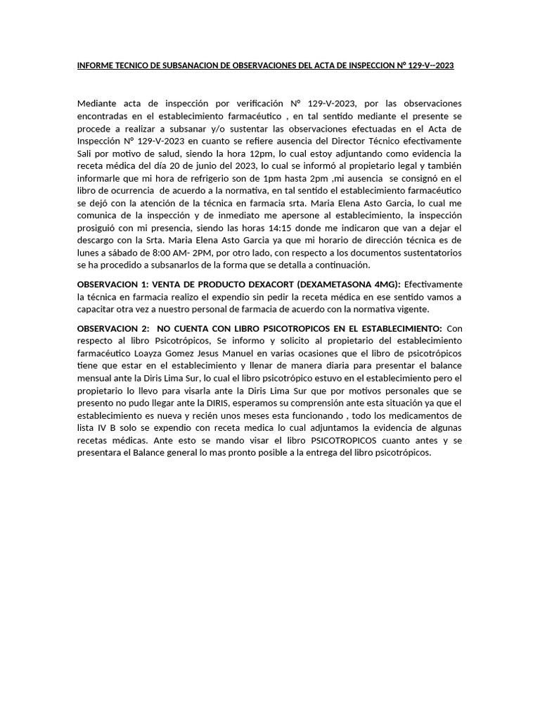 Informe Tecnico de Subsanacion de Observaciones Del Acta de Inspeccion N | PDF | Farmacia ...