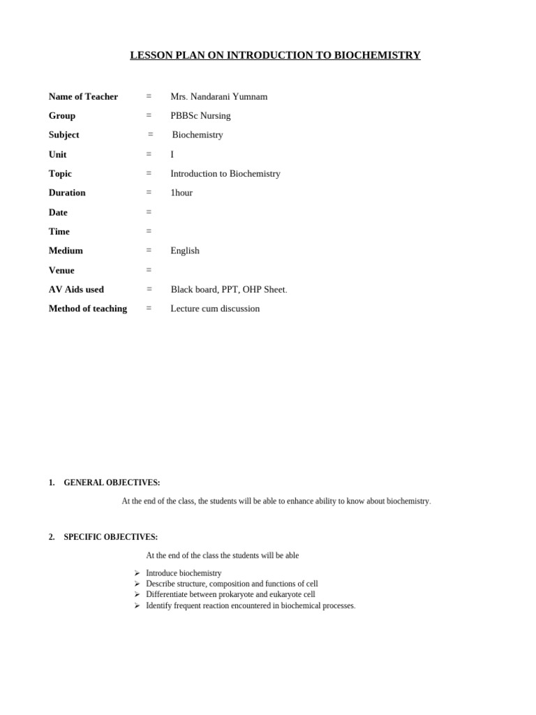 Lesson Plan On Biochemistry | PDF | Cell (Biology) | Cell Membrane