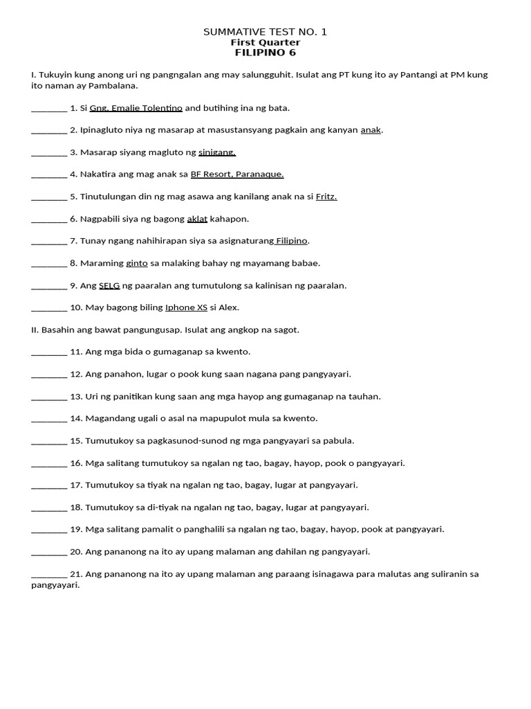 Q1-FILIPINO SUMMATIVE TEST NO. 1 | PDF