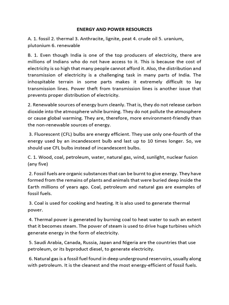 Energy and Power Resources Q&a Key | PDF | Energy Development | World ...