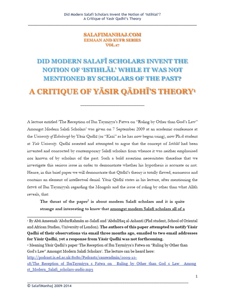 Critique of Yasir Qadhi on Istihlal | PDF | Salafi Movement | God In Islam