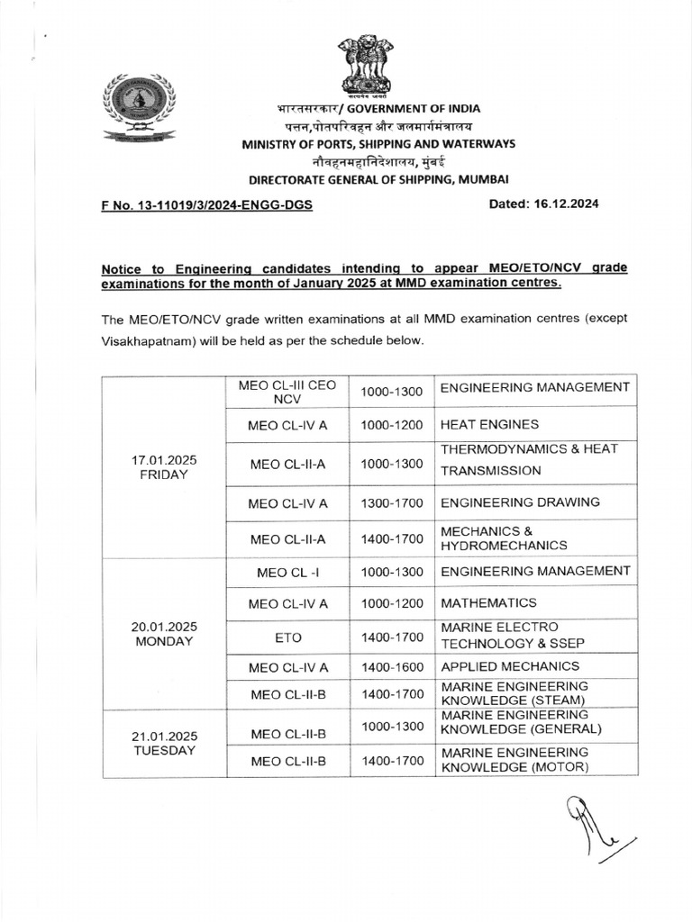 MEO/ETO/NCV Exam Schedule January 2025 | PDF | Water Transport ...