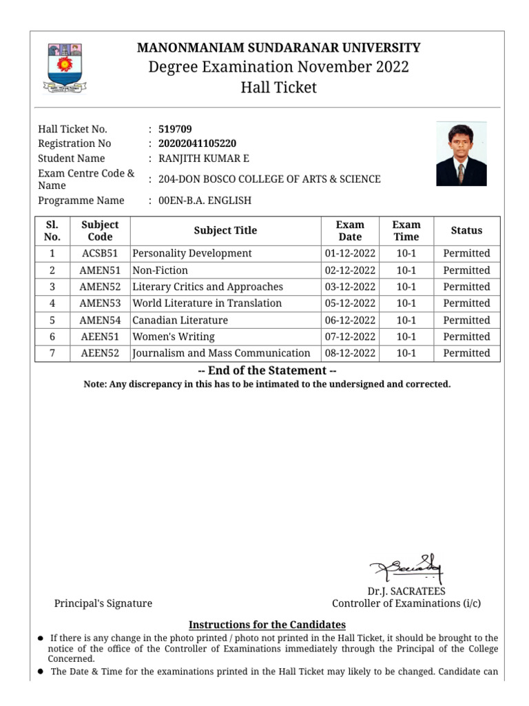 Degree Examination November 2022 - HallTicket | PDF