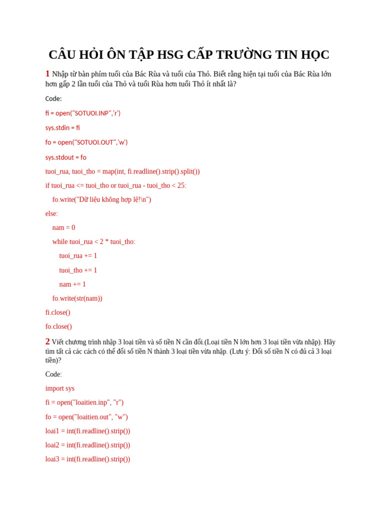 Câu Hỏi Ôn Tập Hsg Cấp Trường Tin Học | PDF