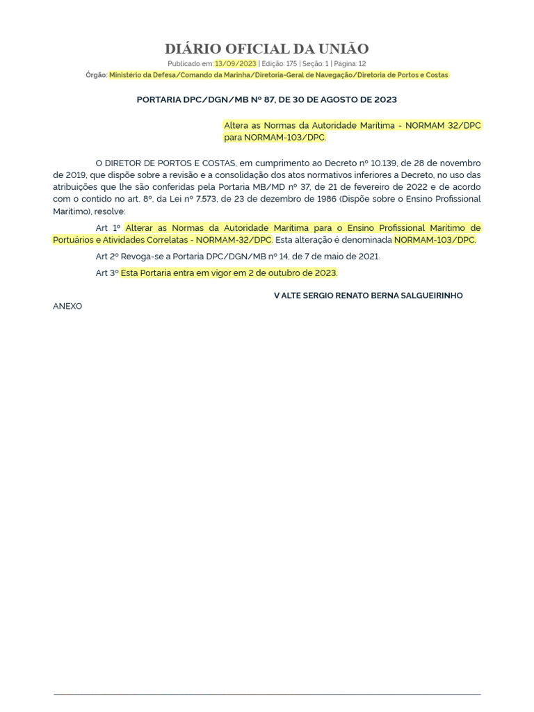 NORMAM-32 (NORMAM-103) - (DPC) - Alterar as Normas para o Ensino Profissional Marítimo de ...