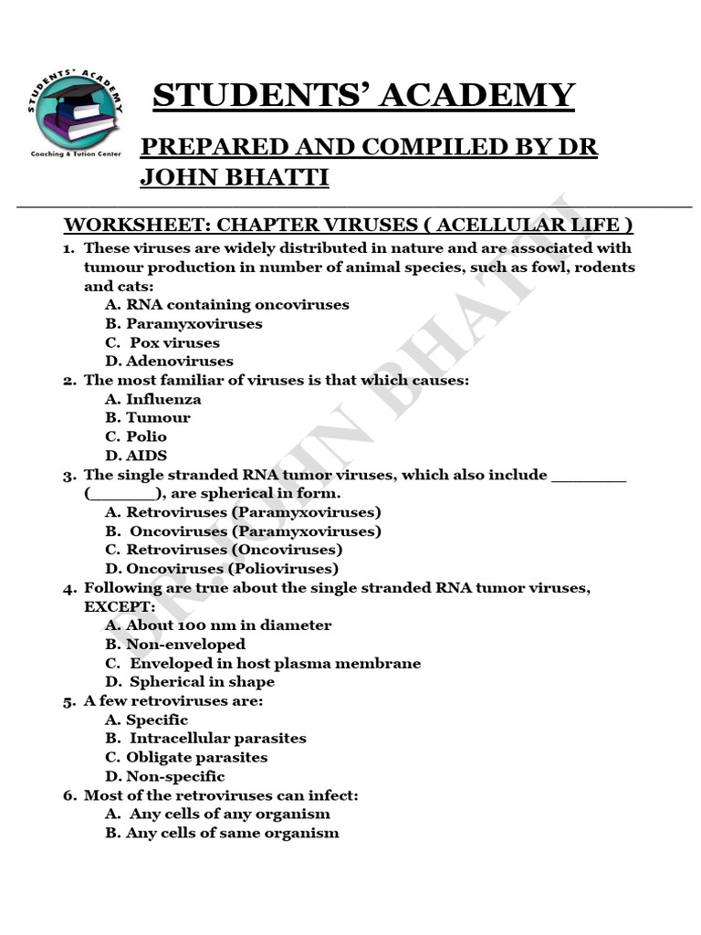 Worksheet Acellular Life | PDF | Virus | Hiv