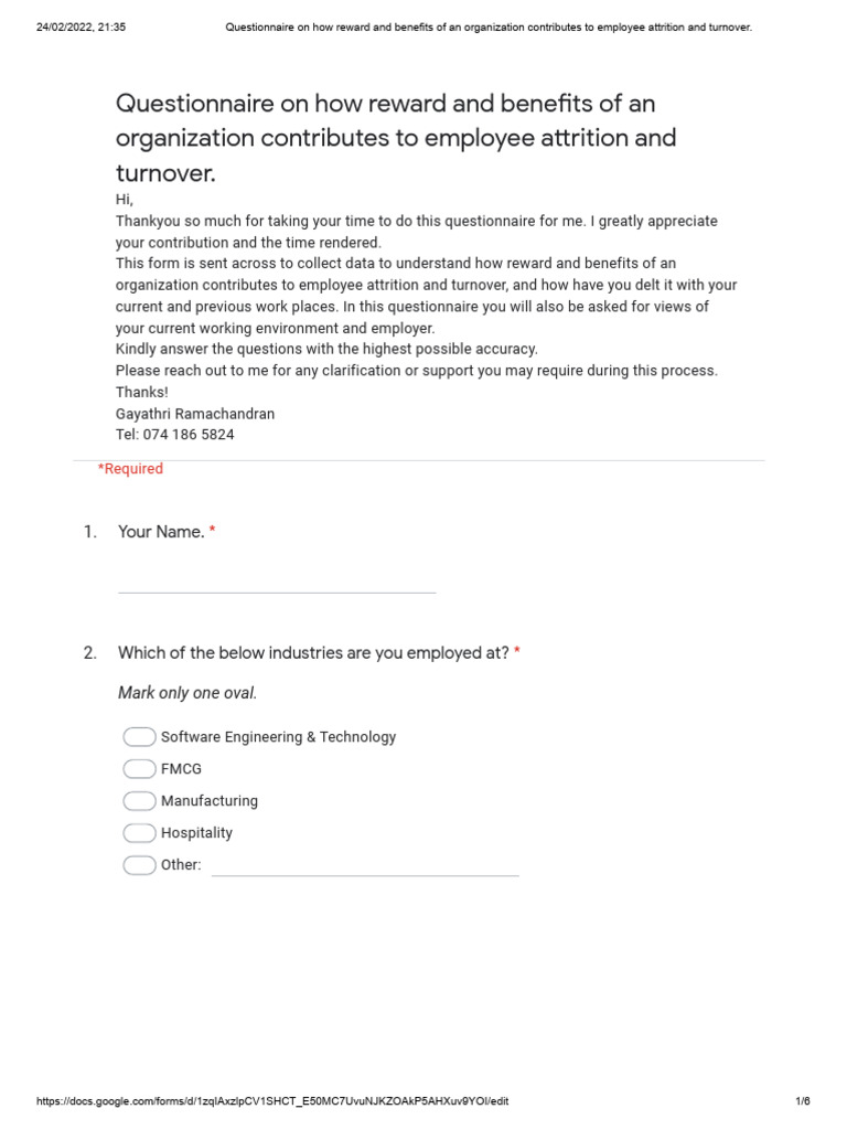 Questionnaire On How Reward and Benefits of An Organization Contributes ...