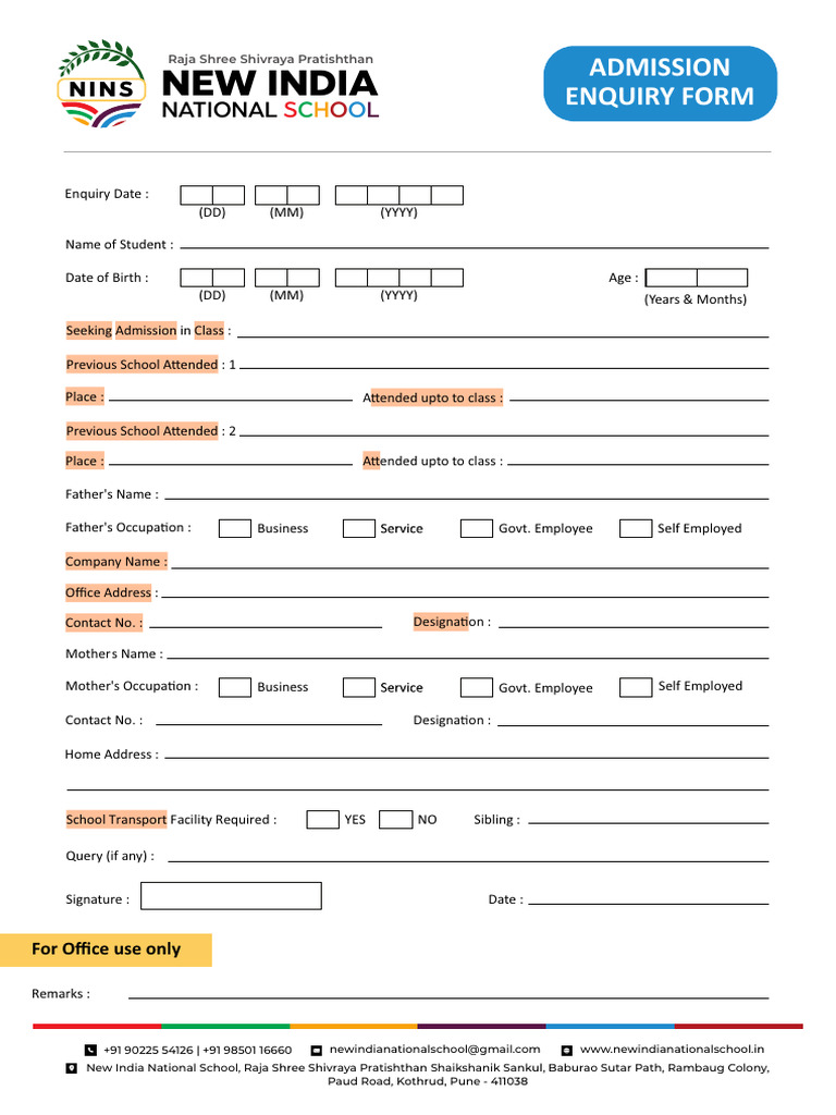 Admission Enquiry Form - New India School | PDF