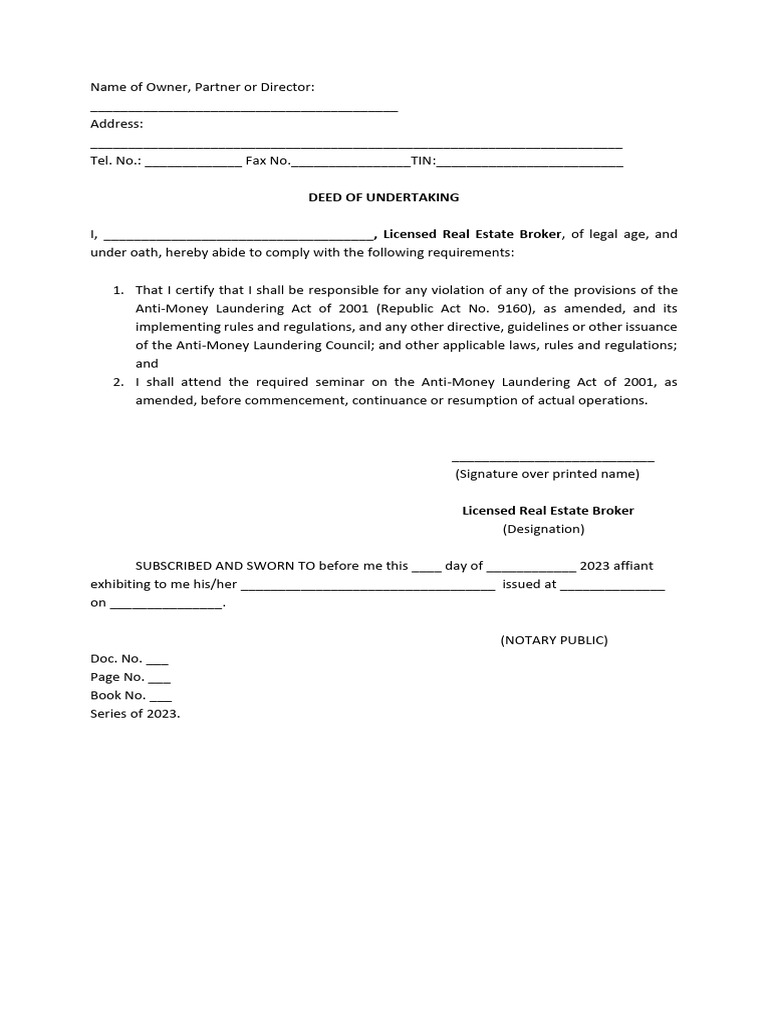Deed of Undertaking for Real Estate Brokers | PDF