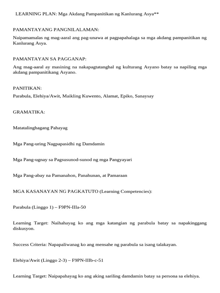3rd Grading LEARNING PLAN FILIPINO | PDF