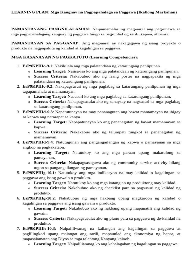 3rd graDING LEARNING PLAN ESP | PDF