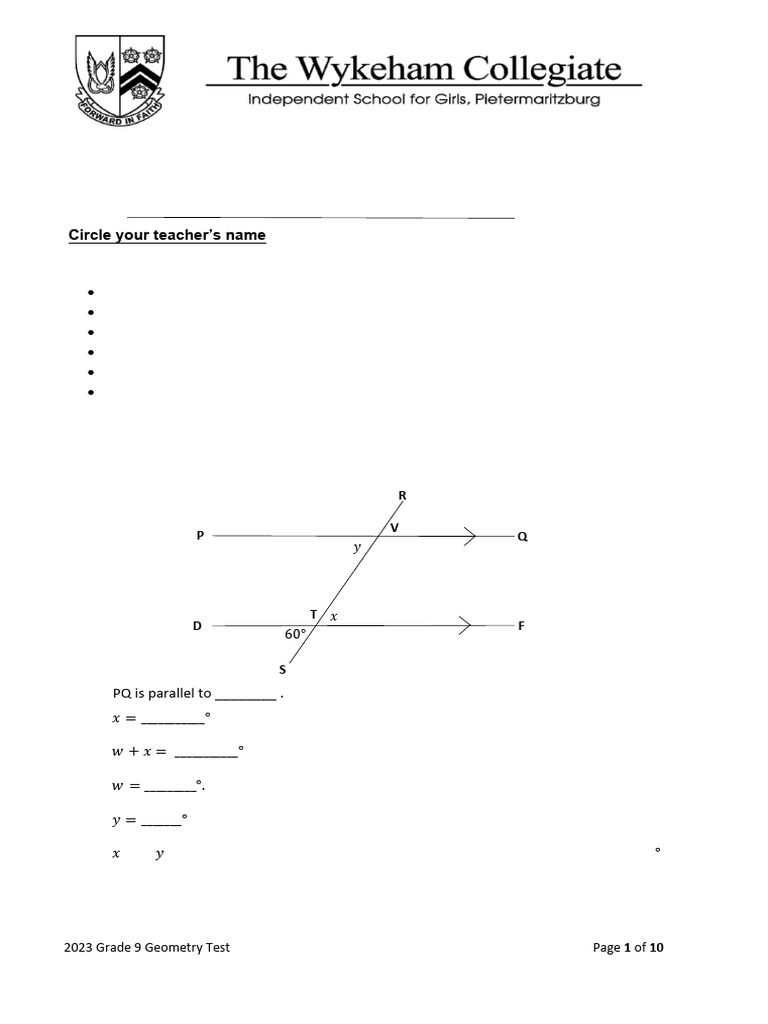 2023 GR 9 Geometry Test | PDF | Elementary Mathematics | Mathematics