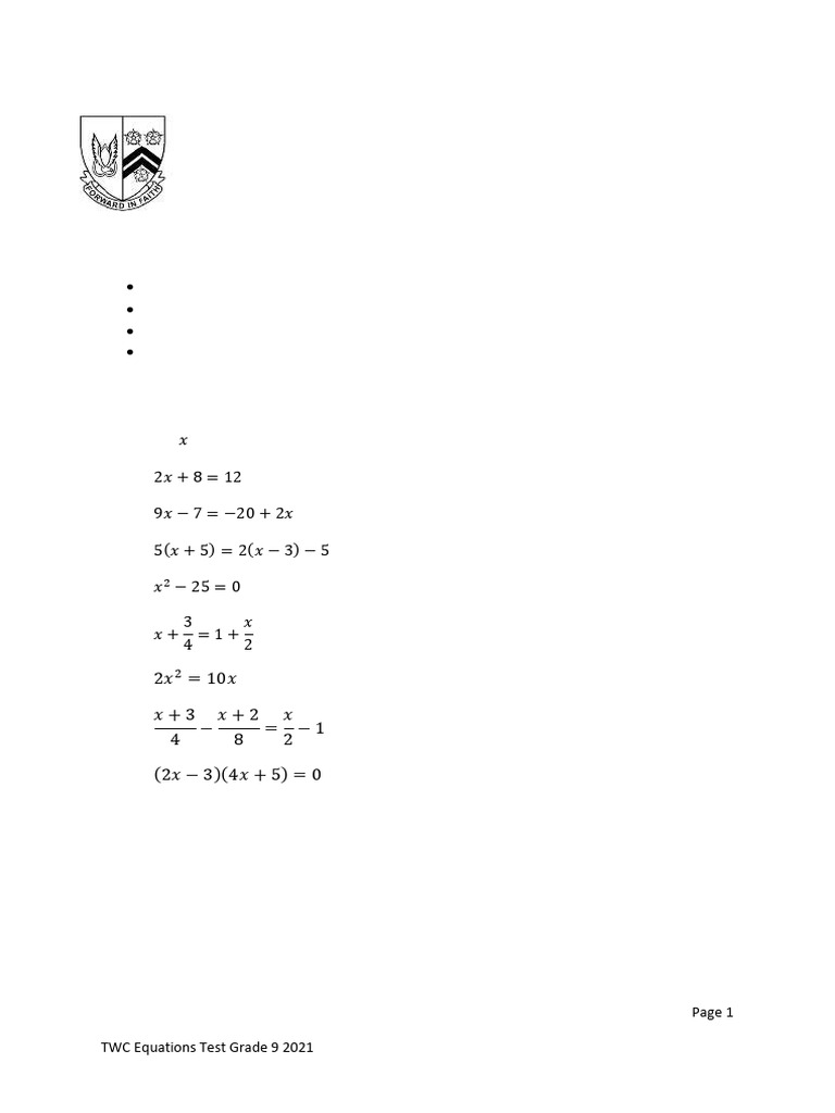 GR 9 Equations Test 7 May 2021 | PDF | Equations | Algebra