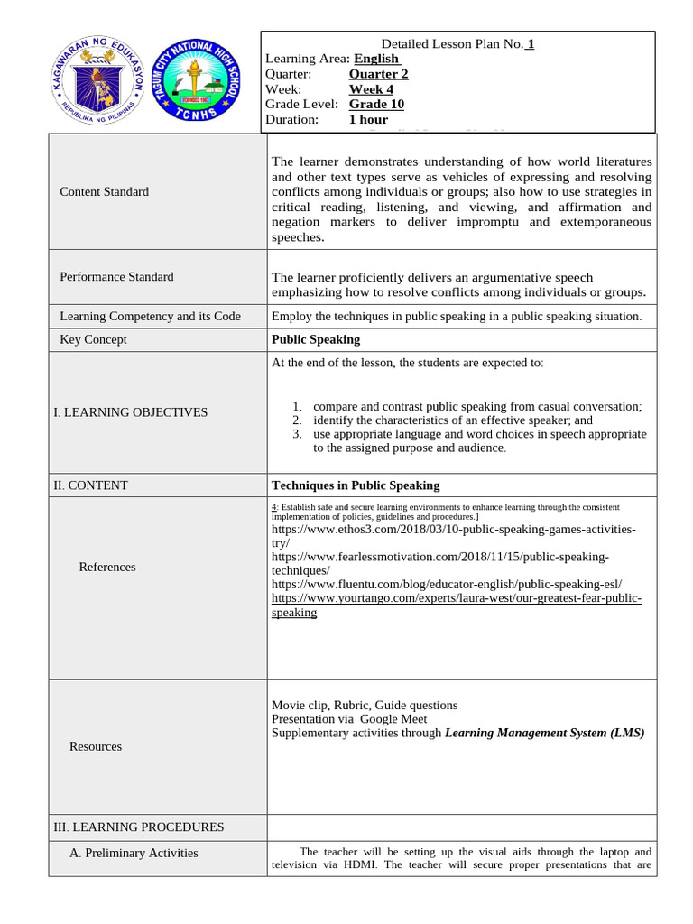 Lesson PlanFINAL COT1 FOR MODULAR | PDF | Learning | Public Speaking